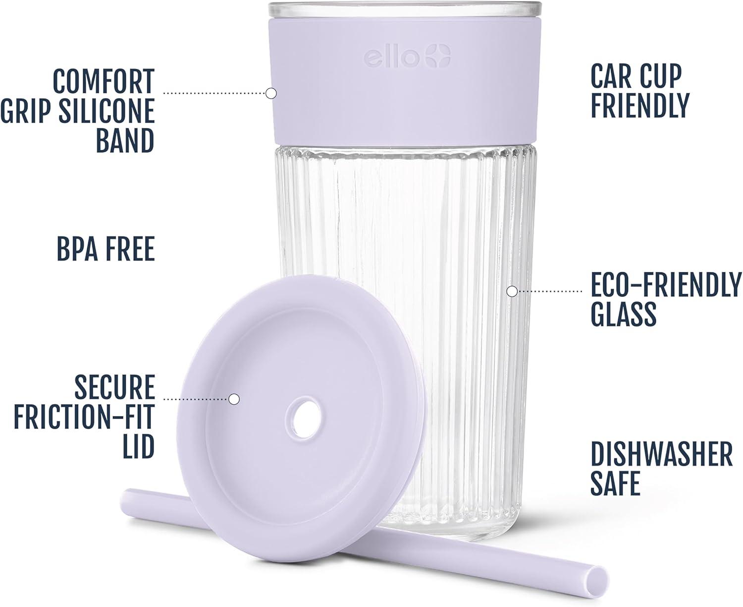 Ello Ava 18oz Glass Tumbler with Straw and Lid | Premium Ribbed Glass ...