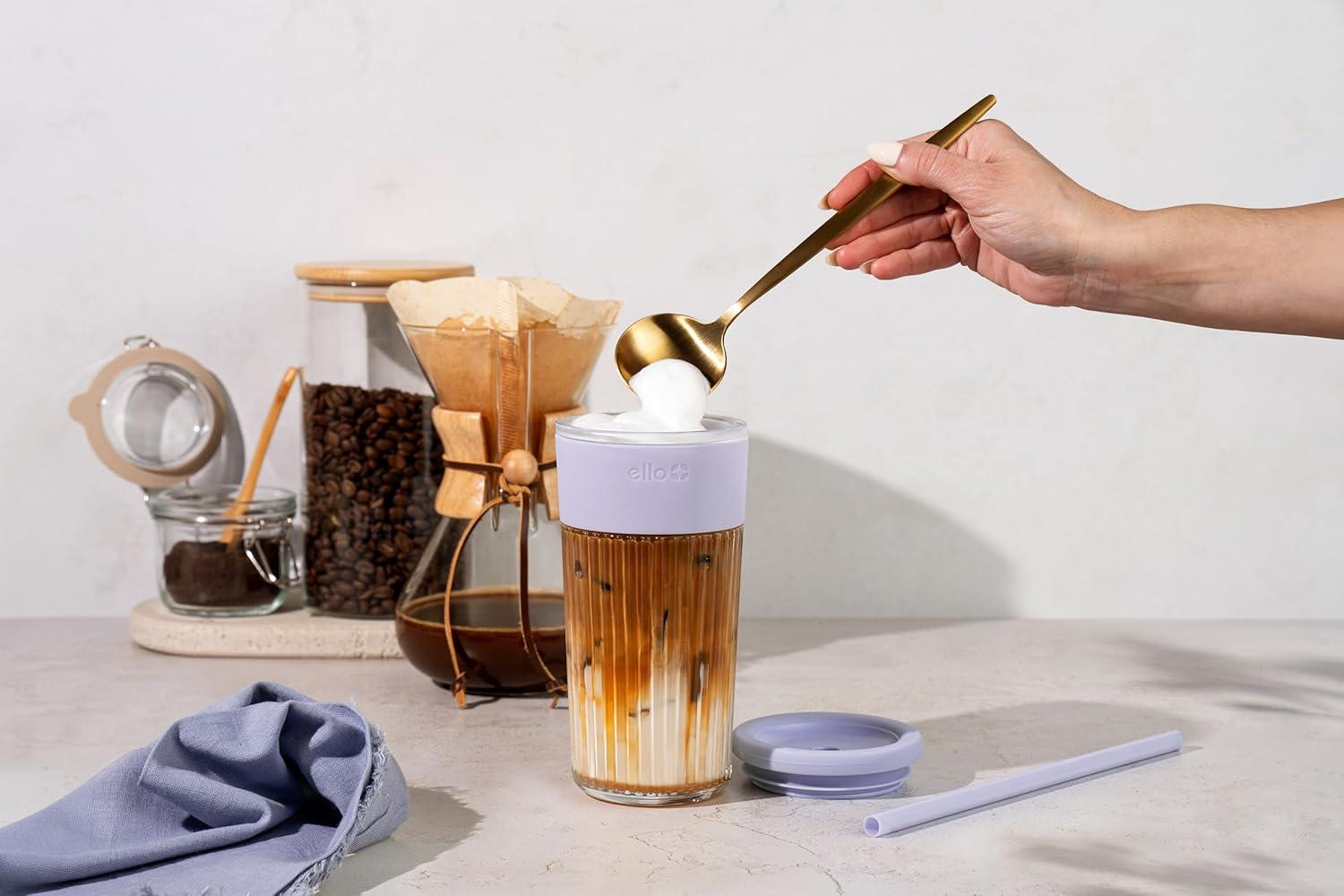 Ello Ava 18oz Glass Tumbler with Straw and Lid | Premium Ribbed Glass ...
