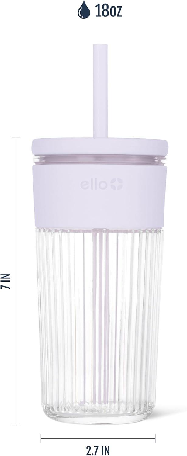 Ello Ava 18oz Glass Tumbler with Straw and Lid | Premium Ribbed Glass ...